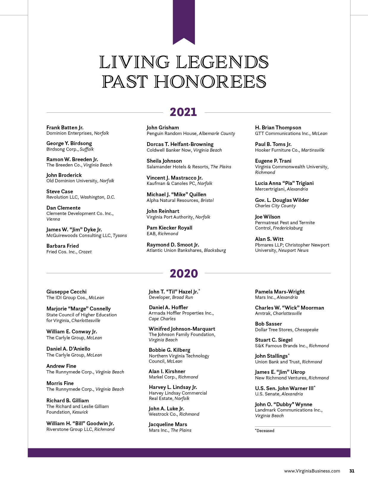 Living Legends Past Honorees - Virginia Business